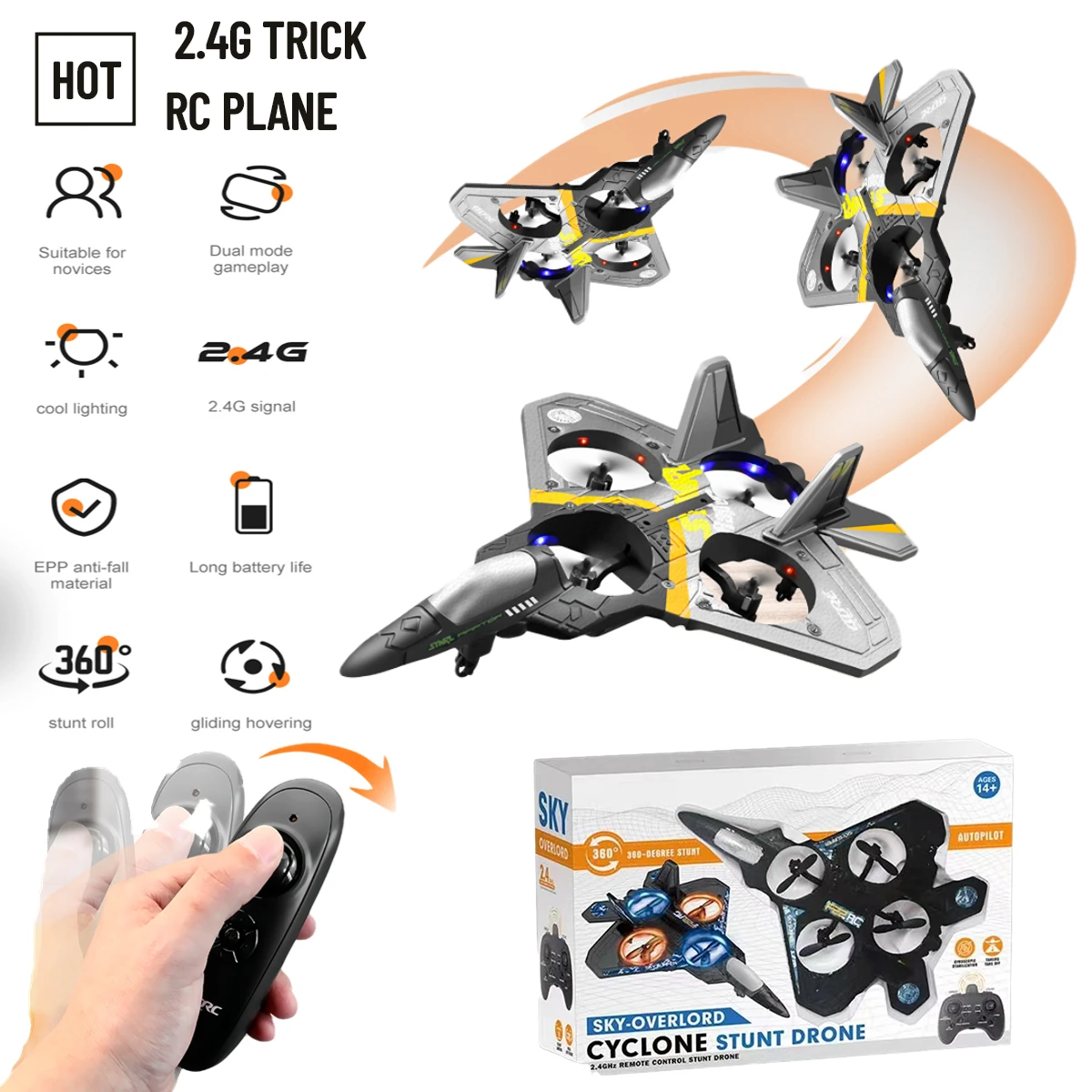 Trick 4 로터 RC 글라이더 항공기 드론 LED 2.4G 중력 센서 원격 제어 헬리콥터, 야외 비행기 완구 어린이 남아용 ...