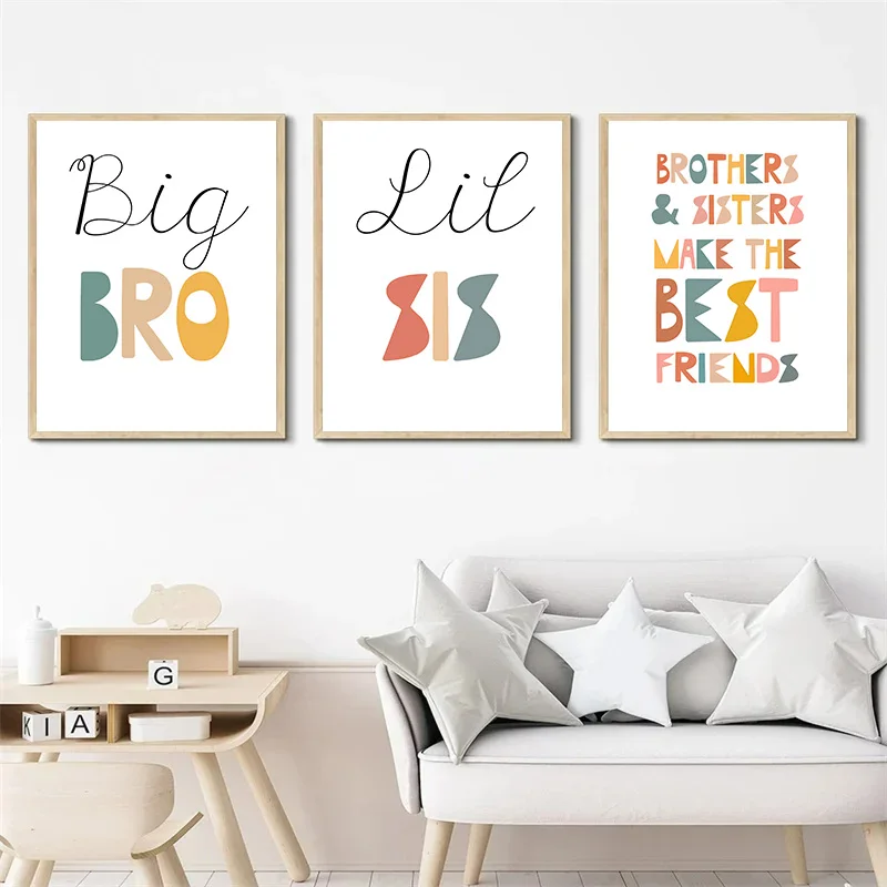 Cartoon Cute Child Big Bro Lit Sis Quotes Nursery Wall Art Canvas ...