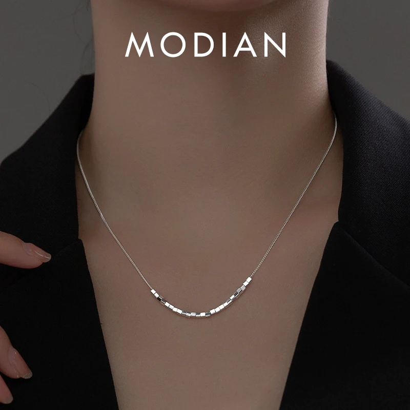 Modian 925 Sterling Silver Slide Block Sparkling Necklace Basic Chain Link Simple Fine Jewelry ...