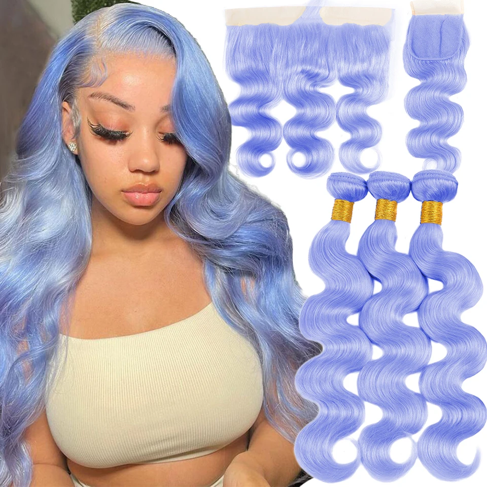 Light-Purple-Blue-Colored-Bundles-With-Frontal-Body-Wave-Human-Hair ...