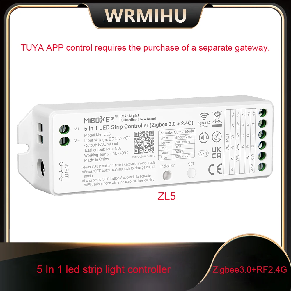 MiBoxer ZL5 DC12-48V 5 in 1 LED Strip Controller Zigbee 3.0 + 2.4G RF Support Music Rhythm 2 ...