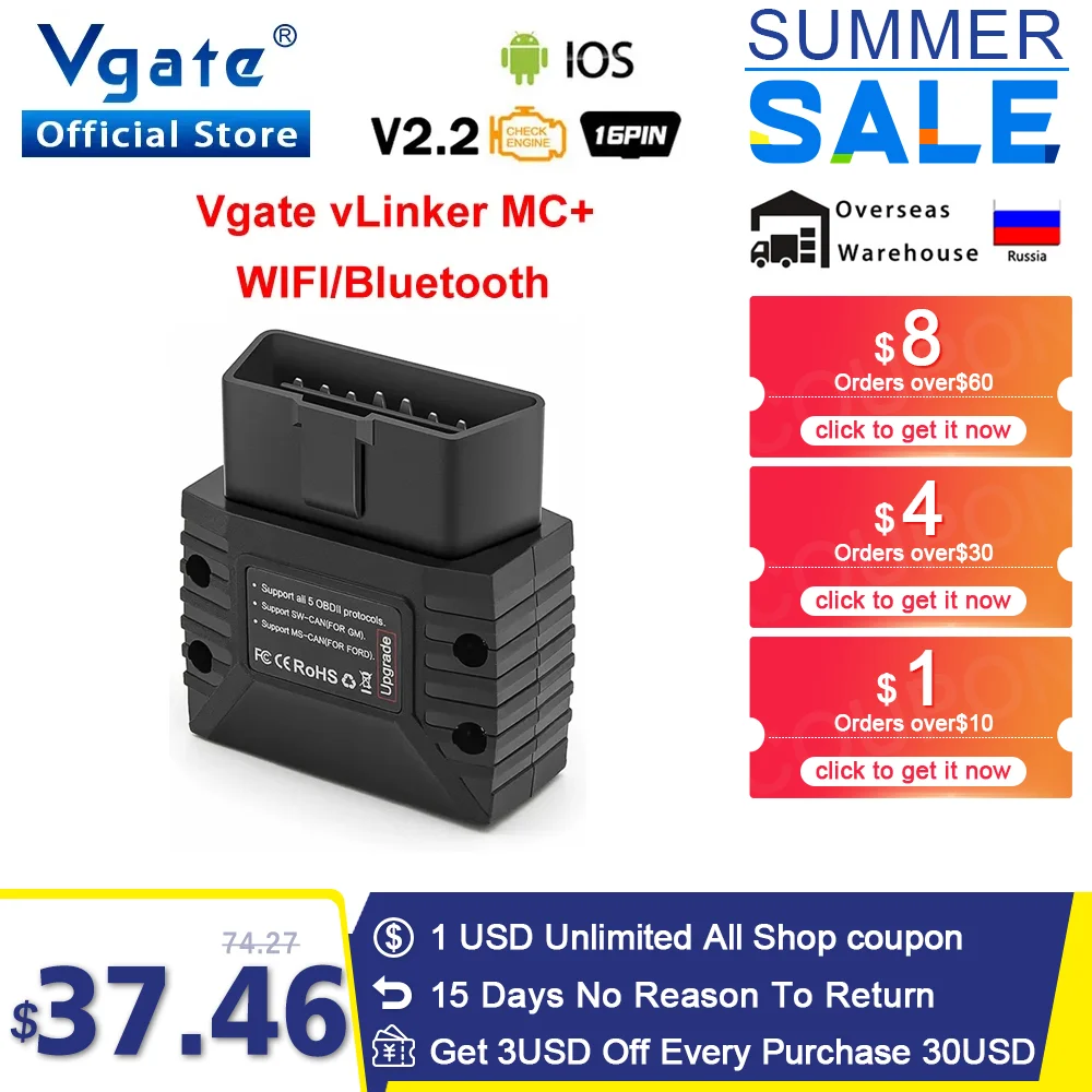 Vgate vLinker MC+ ELM327 V2.2 Bluetooth Compatible 4.0 wifi Car Scanner ...