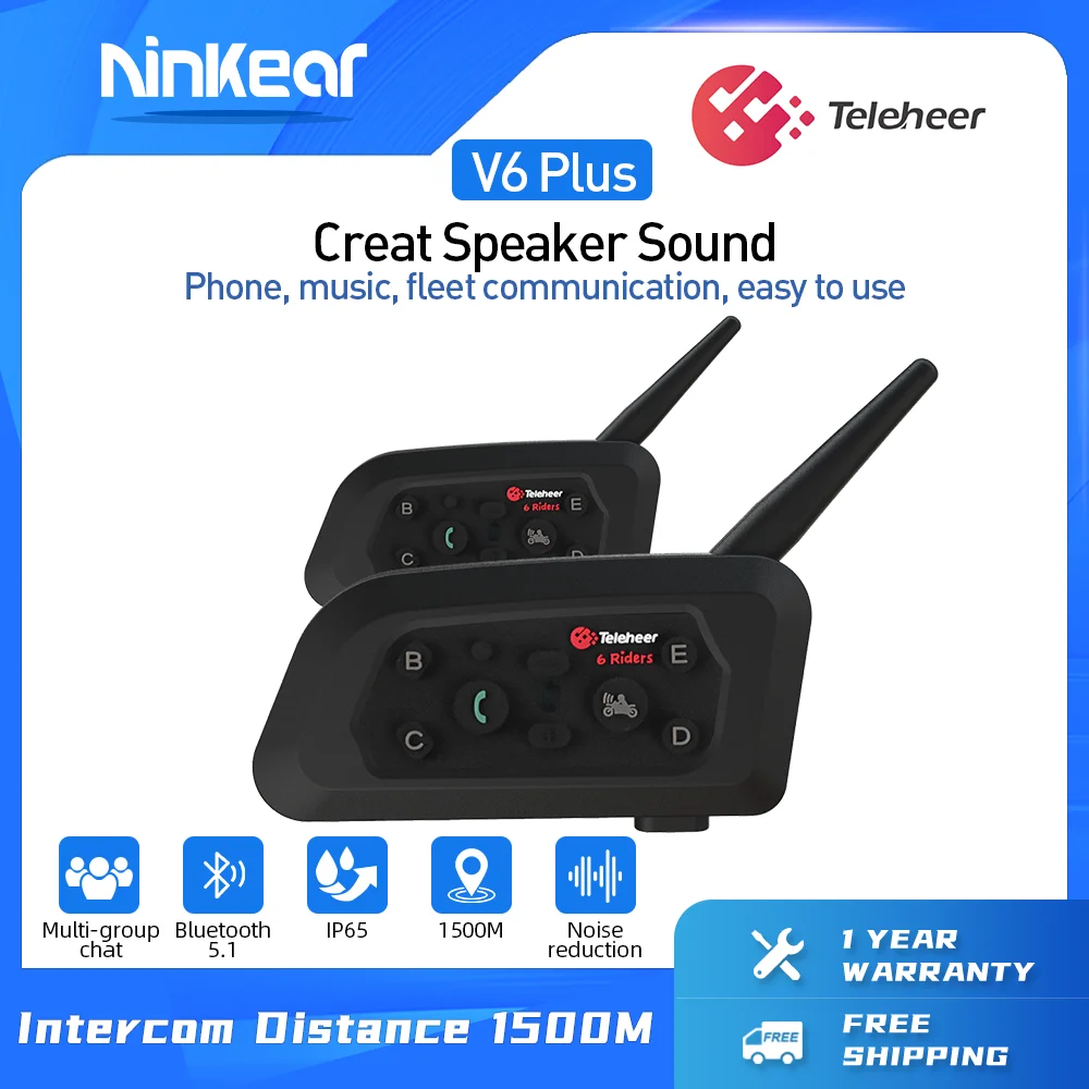 Ninekar Teleheer V6 Plus 1/2pcs Motorcycle Helmet Intercom Headset with ...