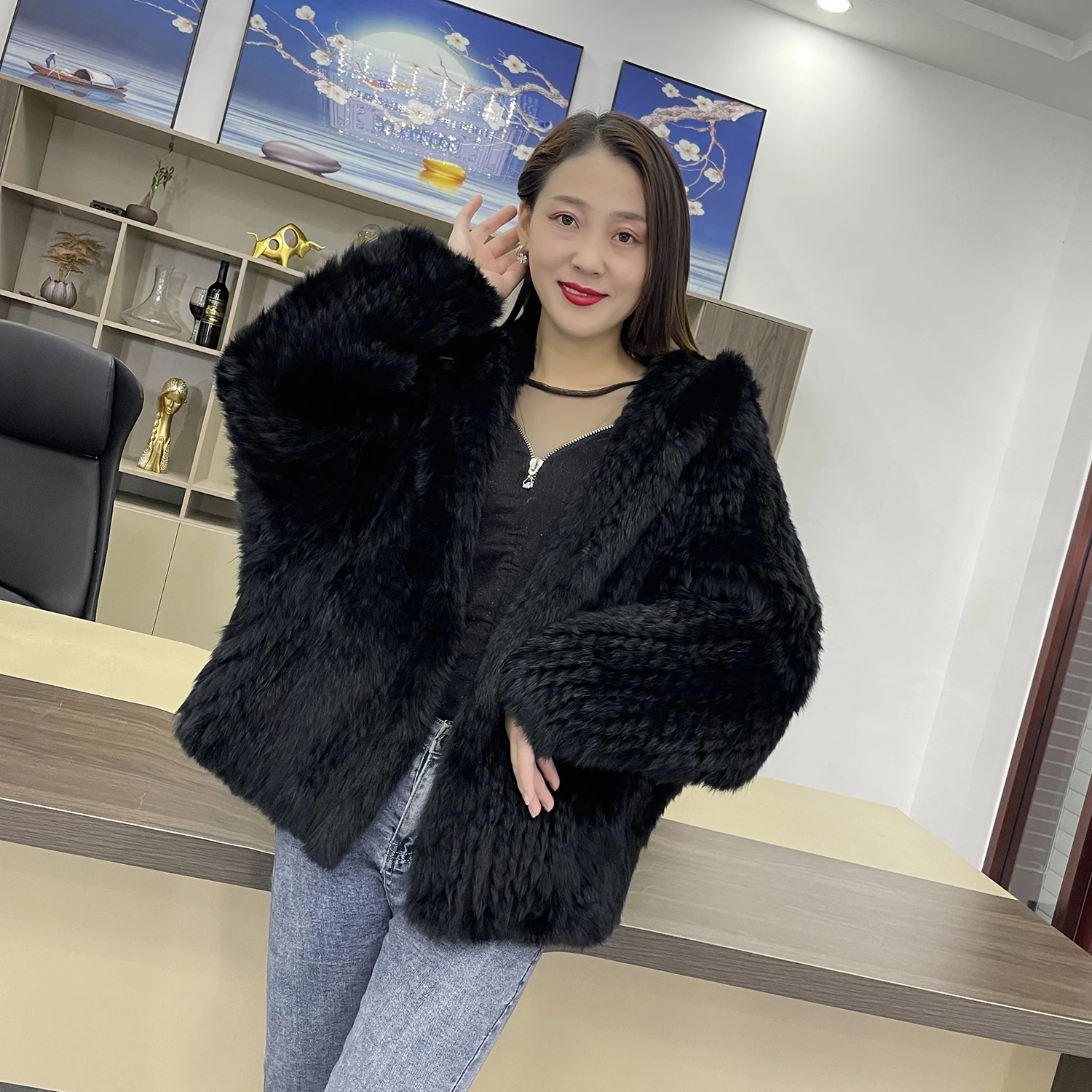 MPPM Natural Rabbit Fur Coat Women Real Rabbit Fur Hooded Coat Long ...