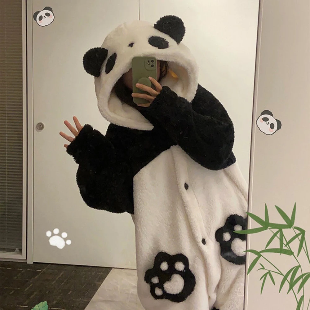 Panda Cosplay Pajamas Cartoon Hooded Nightgown Flannel Chunky Warm Soft ...