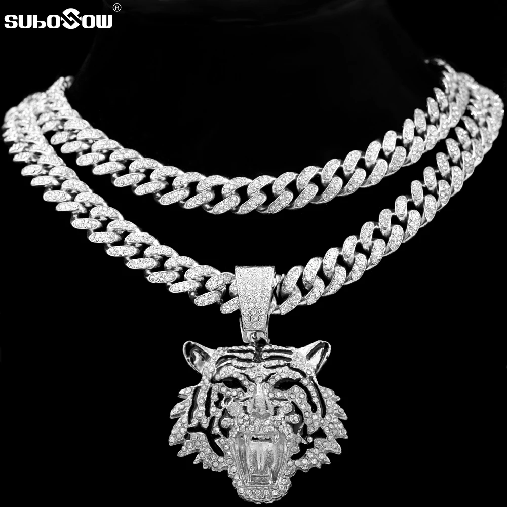 Hip-Hop-Iced-Out-Cuban-Link-Chains-for-Men-Tiger-Pendant-Necklace-Bling ...