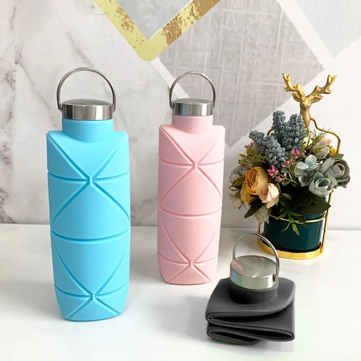 1Pc 750Ml Collapsible Water Bottle Leakproof Valve Reusable Silicone ...