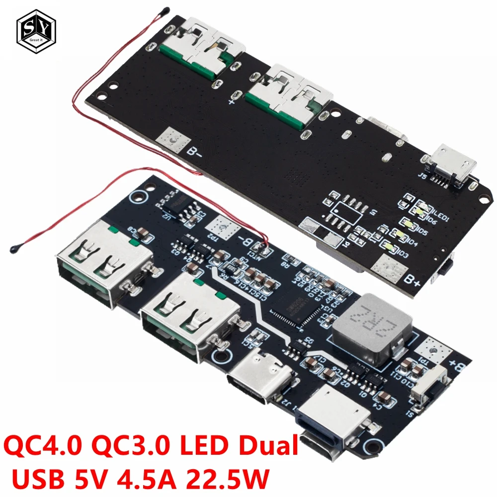 QC4.0 QC3.0 LED Dual USB 5V 4.5A 22.5W Micro/Type-C USB Mobile Power Bank 18650 Charging Module ...