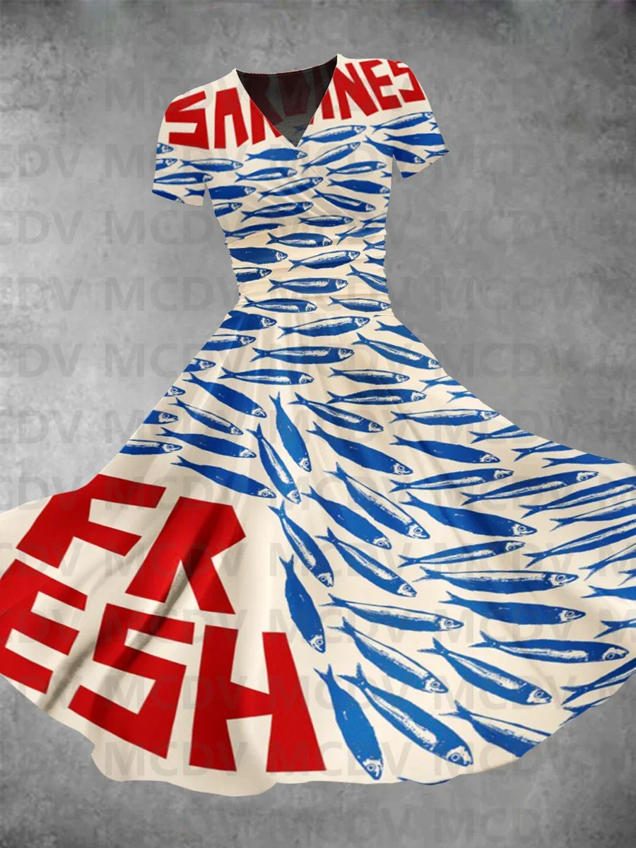 Women's Vintage Fish Lobster Art Print Maxi Dress Sexy V-neck Dress ...