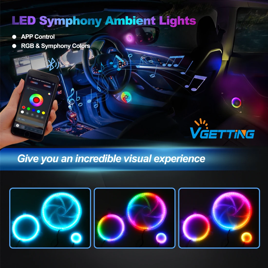 Symphony RGB Car Ambient Horn Light Tweeter LED Audio Hood 64 colors ...