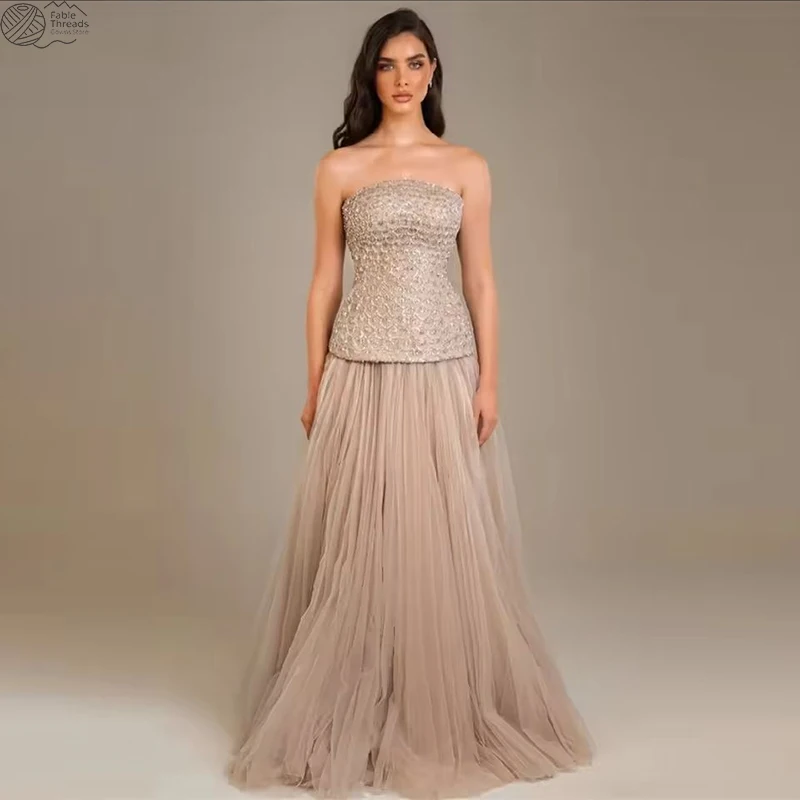 Strapless A-Line Prom Dresses 2025 Sleeveless Tulle Two-Piece Evening ...