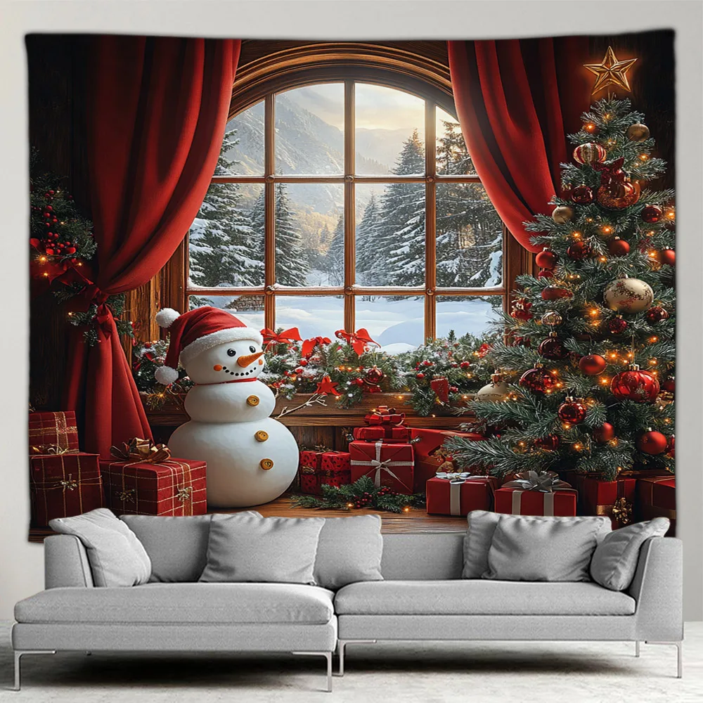 Christmas Tapestry Cute Snowman Xmas Tree Gift Outside Window Winter ...