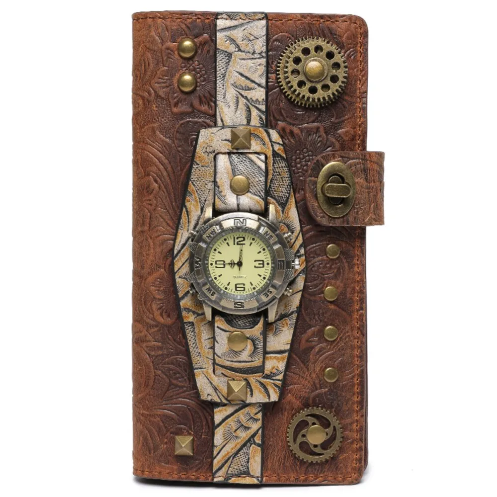 Steampunk Unisex Wallet Women's Long First Layer Leather Vintage Style ...