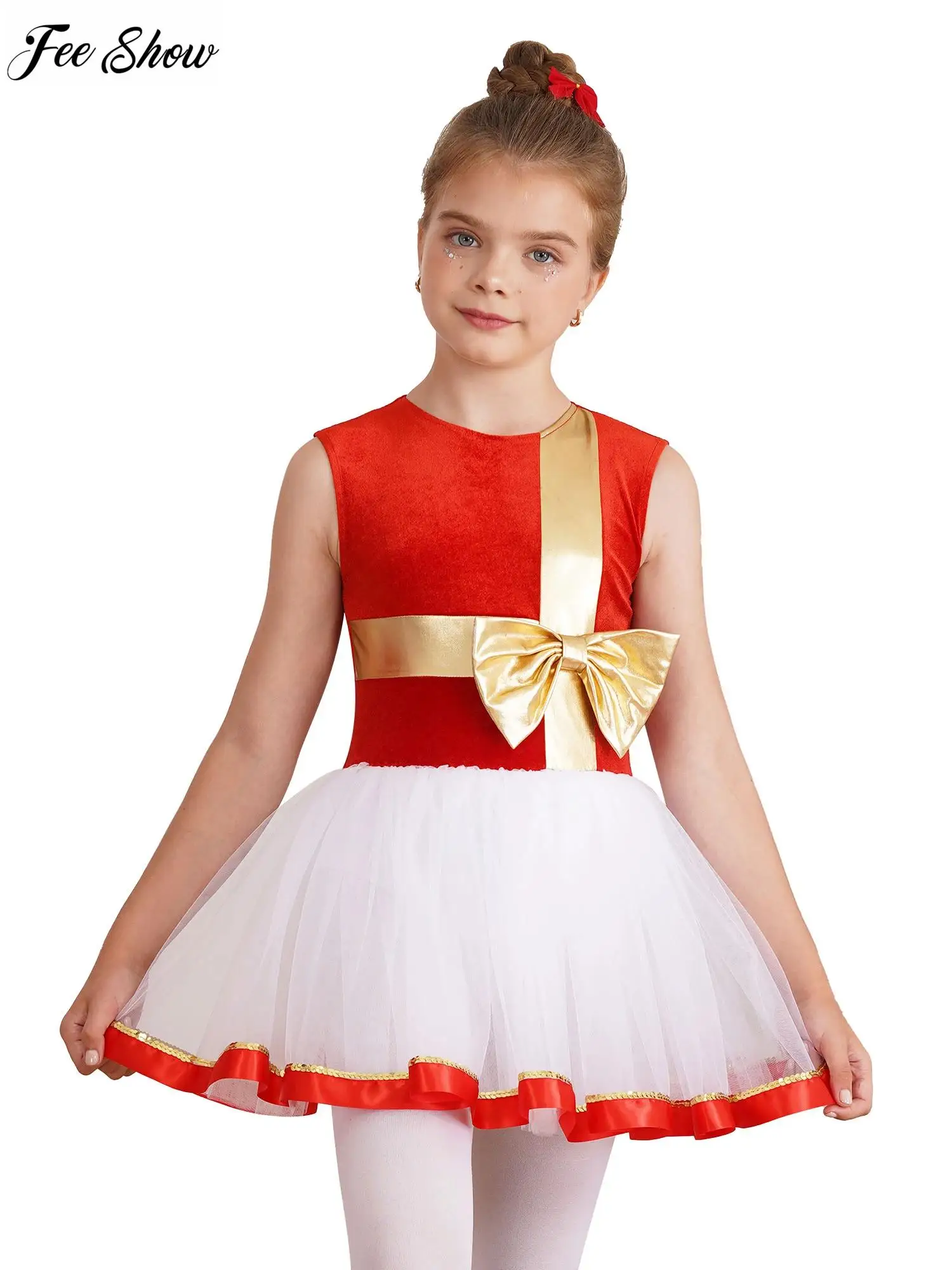 Kids-Girls-Christmas-Costume-Sleeveless-Keyhole-Back-Bow-Sequin-Dance ...