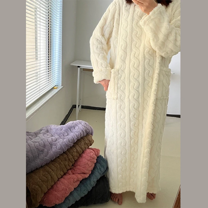 Winter-Long-Sleeve-Warm-Flannel-Nightgowns-Women-Loose-Solid-Color ...