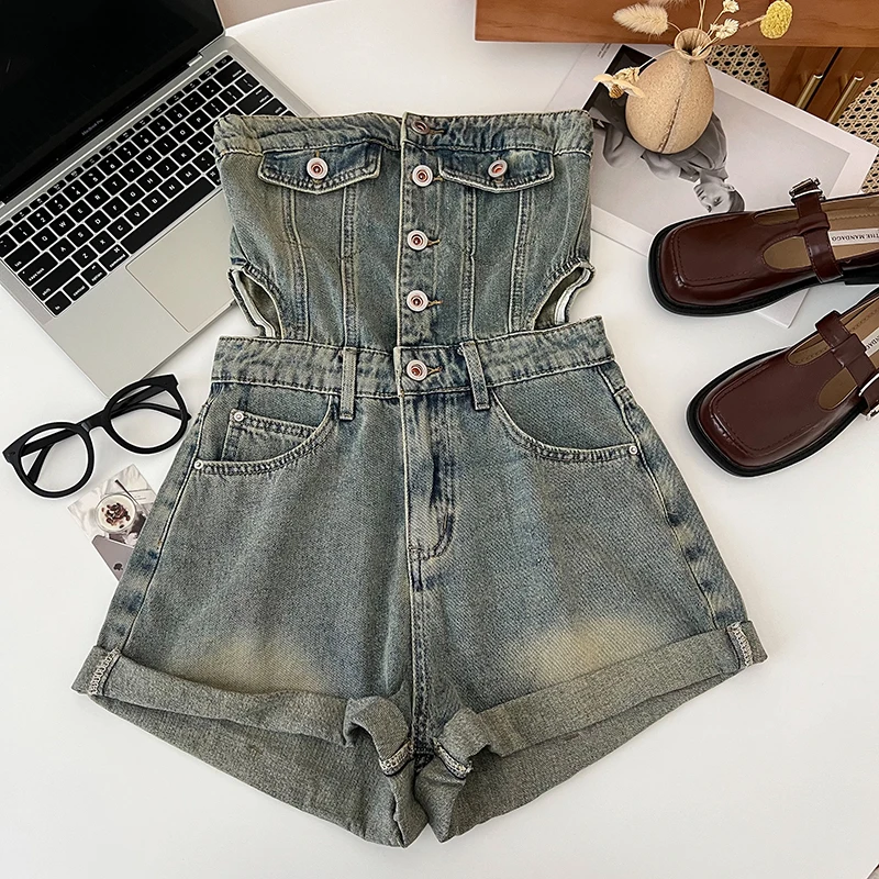 Denim-Jumpsuit-Wide-Leg-Shorts-Women-Fashion-Versatile-Single-Breasted ...