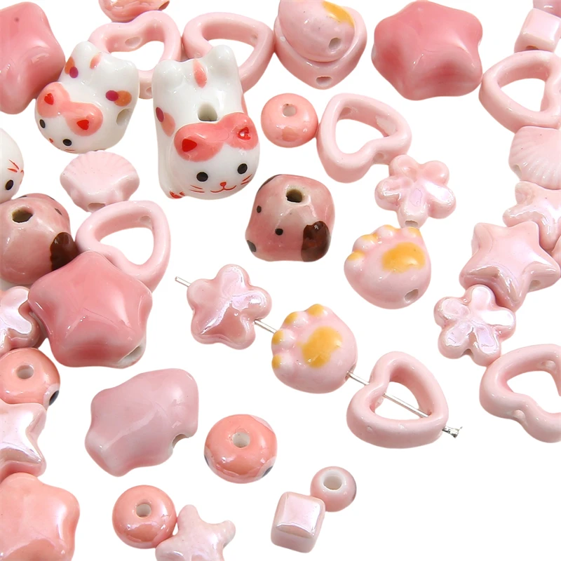 Handmade-Pink-Color-Ceramic-Beads-Porcelain-Heart-Star-Shell-Flower ...