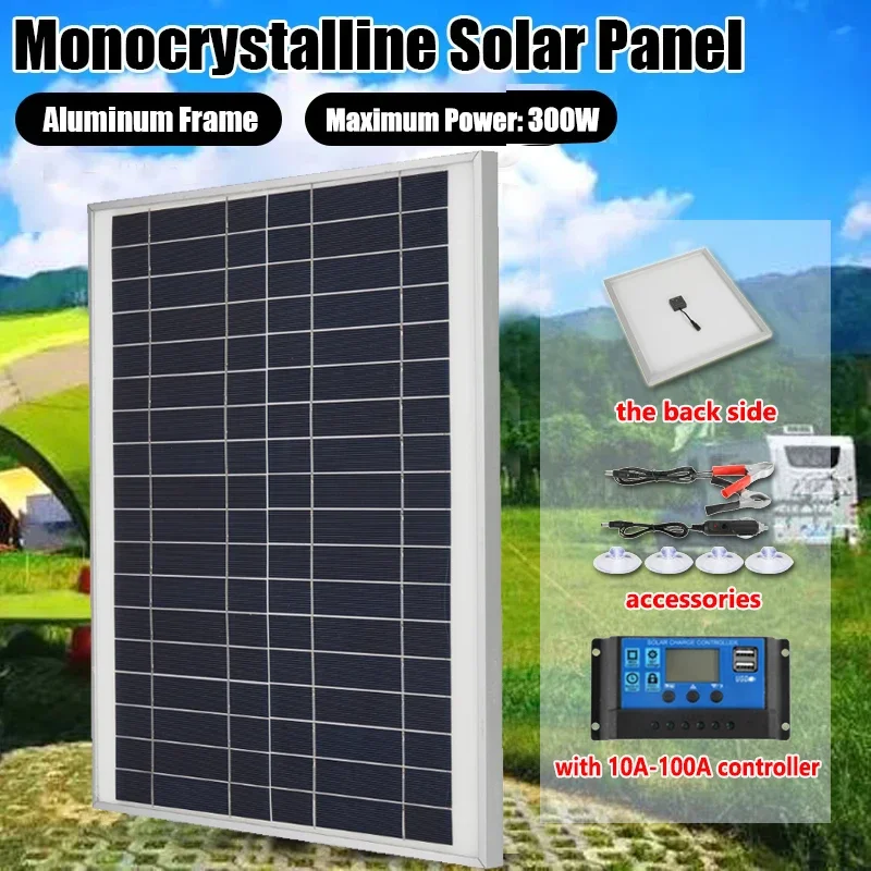 300W-Solar-Panel-Kit-Portable-12V-Monocrystalline-Aluminum-Frame-Dual ...