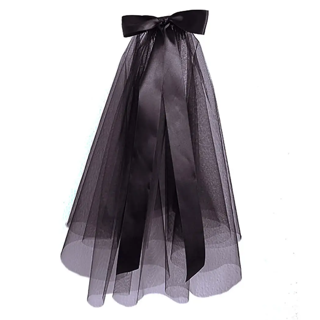 Black Lace Veil Short Bridal Veils Bowknot Halloween Brides Soft Tulle ...