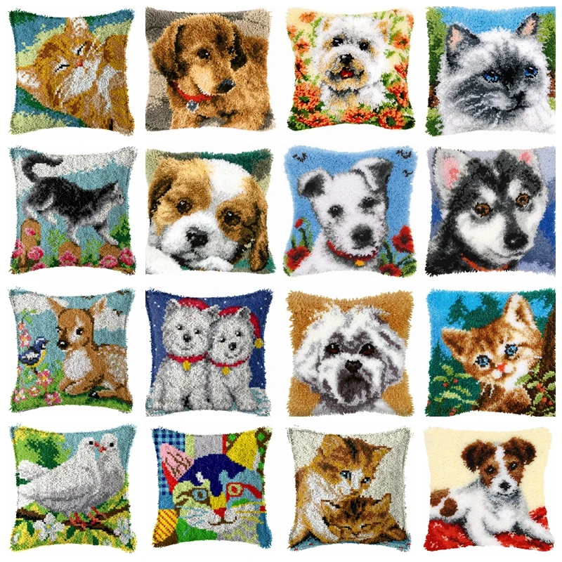 Cartoon-Animals-Style-Set-Embroidery-Latch-Hook-Pillow-Kits-Cat-Dog ...