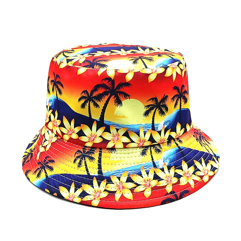 Top-Hawaii-Pattern-Bucket-Hat-Cartoon-Coconut-Trees-Printing-Fisherman ...