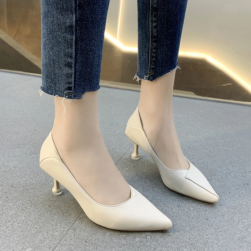 Pointed Shallow Mouth Ladies Heels Thick Heel | Medium Heels Shoes ...