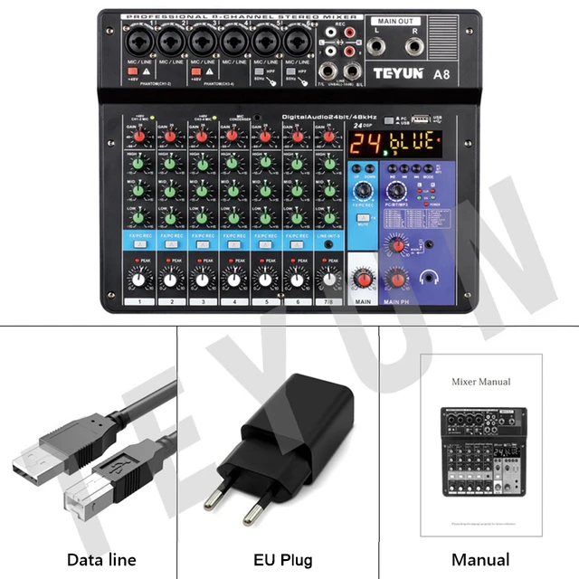 TEYUN A8 8 Channel Audio Mixing Console Sound Table Board, Support USB, Bluetooth, Digital MP3 ...