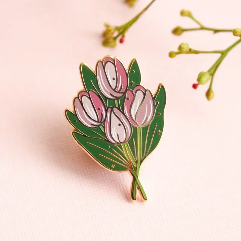 Tulip-Bunch-Hard-Enamel-Pin-Houseplant-Metal-Badge-Floral-Lapel-Pins ...