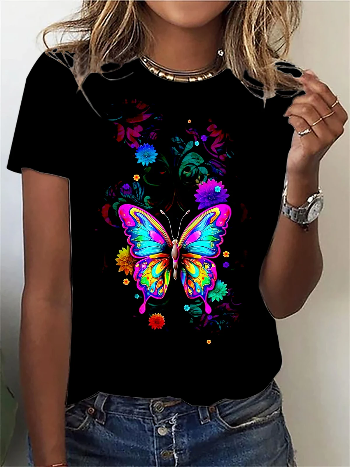 Hand-drawn-Print-T-shirt-Casual-Crew-Neck-Short-Sleeve-Top-For-Spring ...