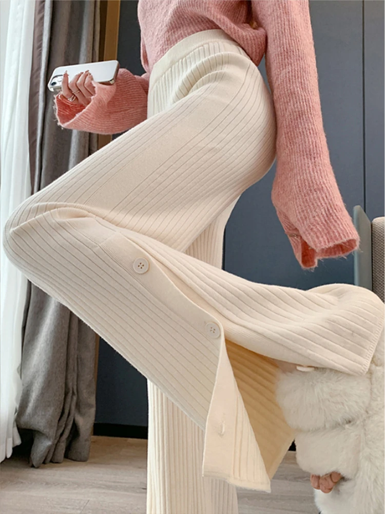 Knit-Wide-Leg-Pants-Women-Soft-Glutinous-Straight-High-Waist-Black ...