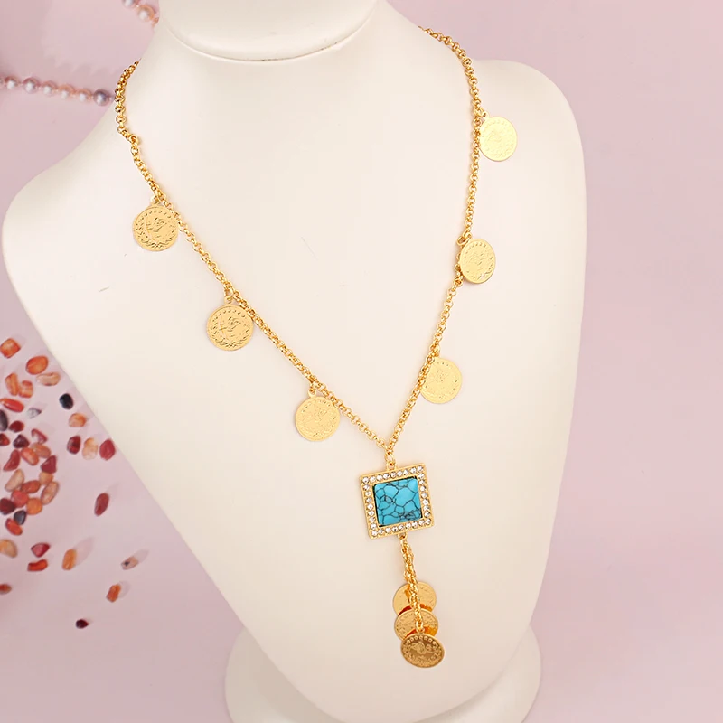 Turkish Arabic Girls Necklace Gold Plated Ble Stone Chain Necklace Bell ...