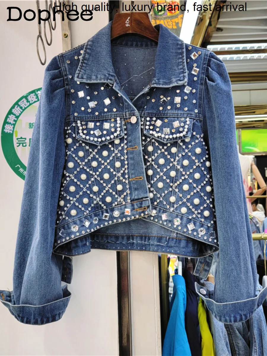 Industry-Beads-Heavy-Diamond-Embedded-Long-Sleeved-Short-Denim-Coat ...