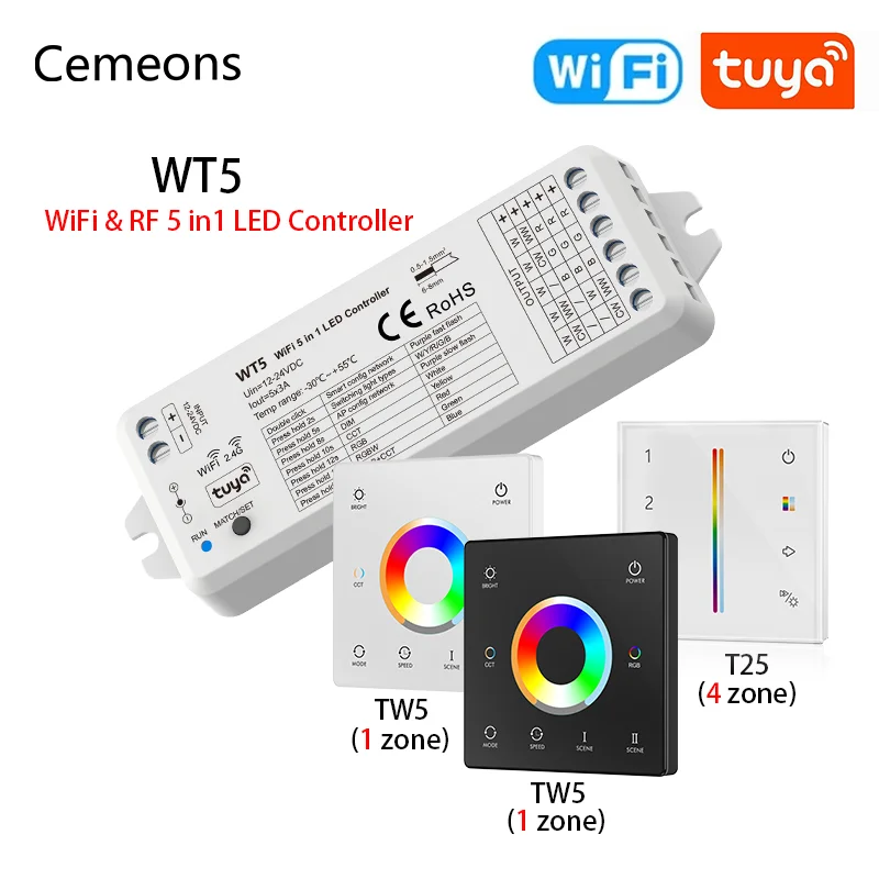 Tuya WT5 RGBCCT Controller 12 24V DC 5 in 1 Dimmer CCT RGB RGBW LED ...