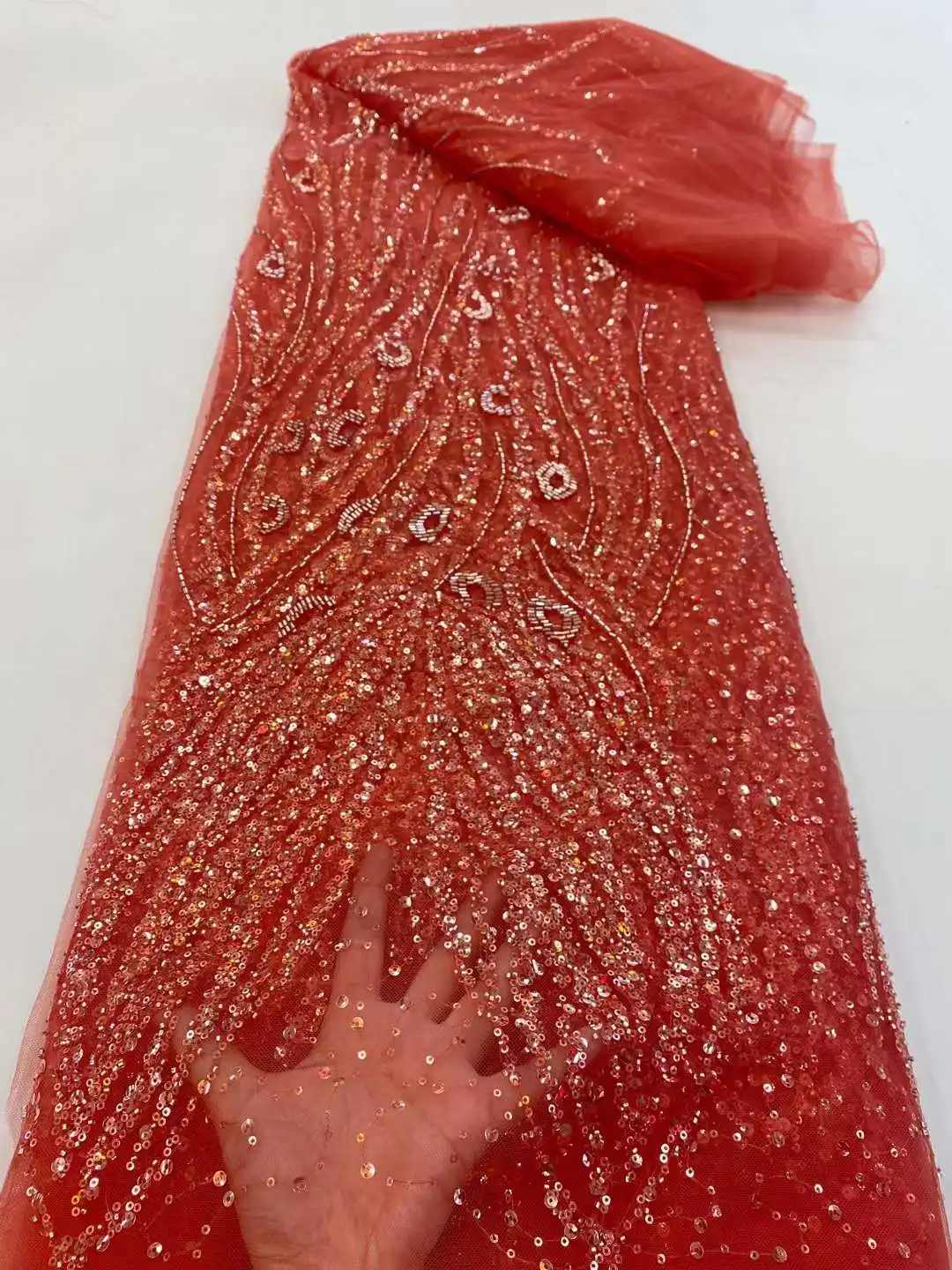 Luxury Orange Sequence African Lace 5 Yards Fabric High Quality French ...