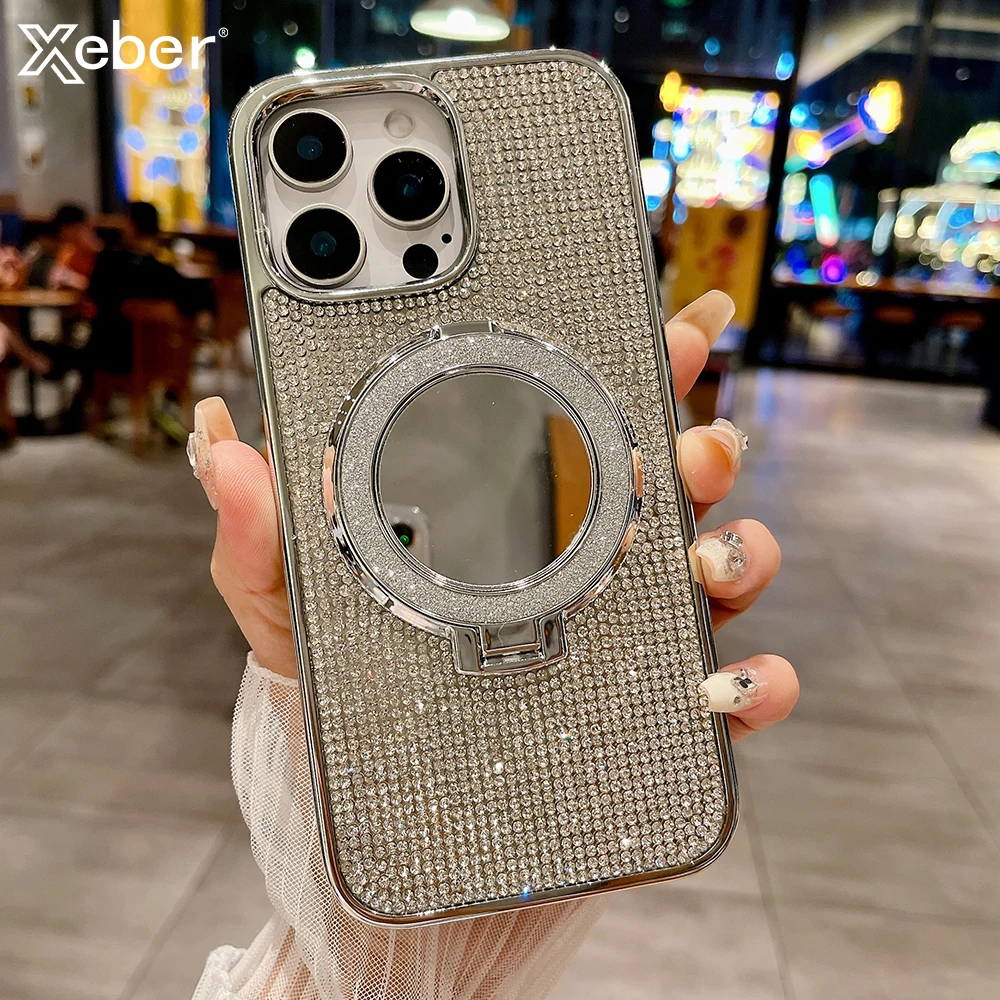 Plating Glitter Rhinestone Magnetic Mirror Bracket Stand Case For ...