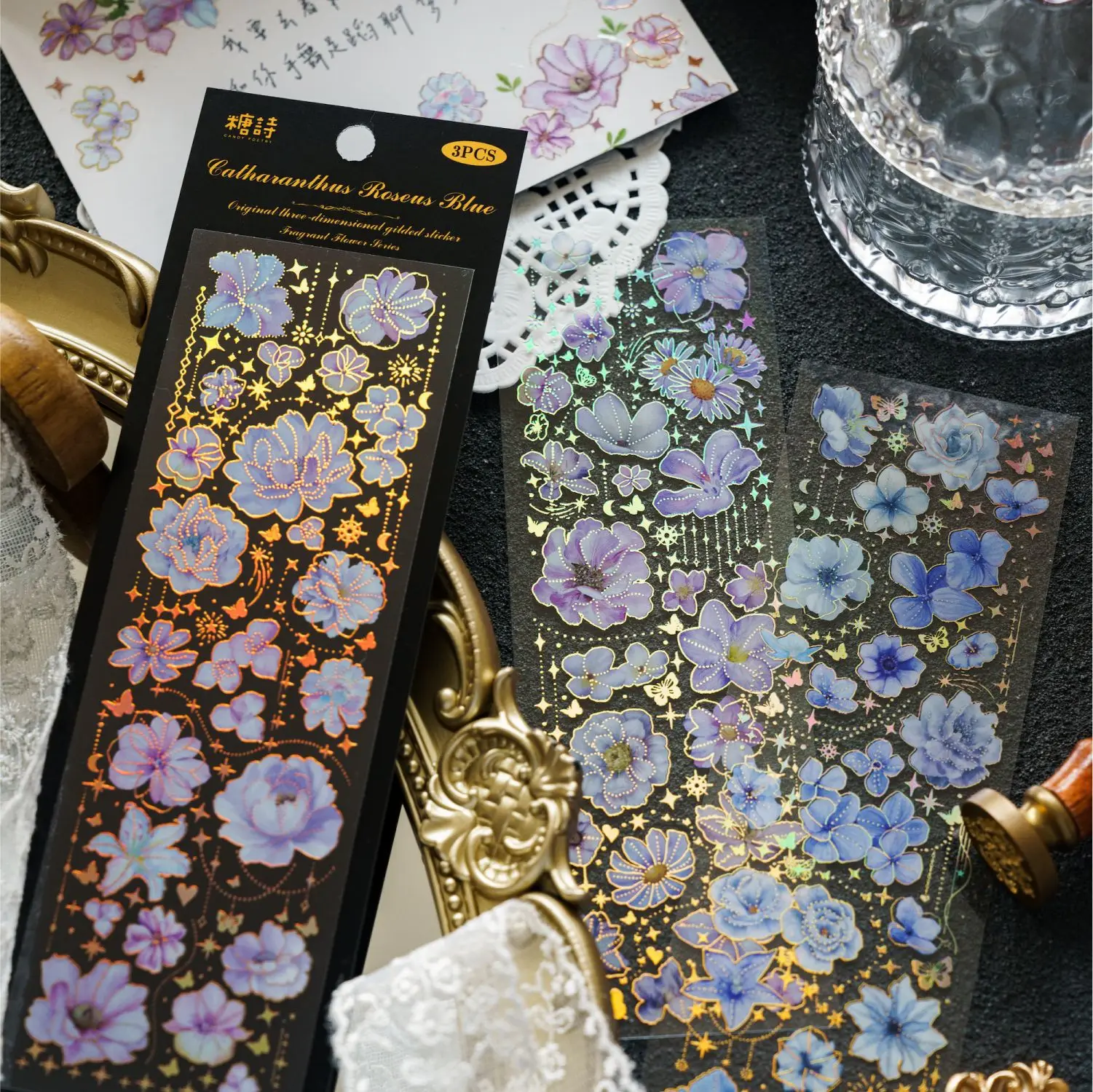 3Pcs Retro Three-Dimensional Gilded Sticker Fresh Flowers Collage ...