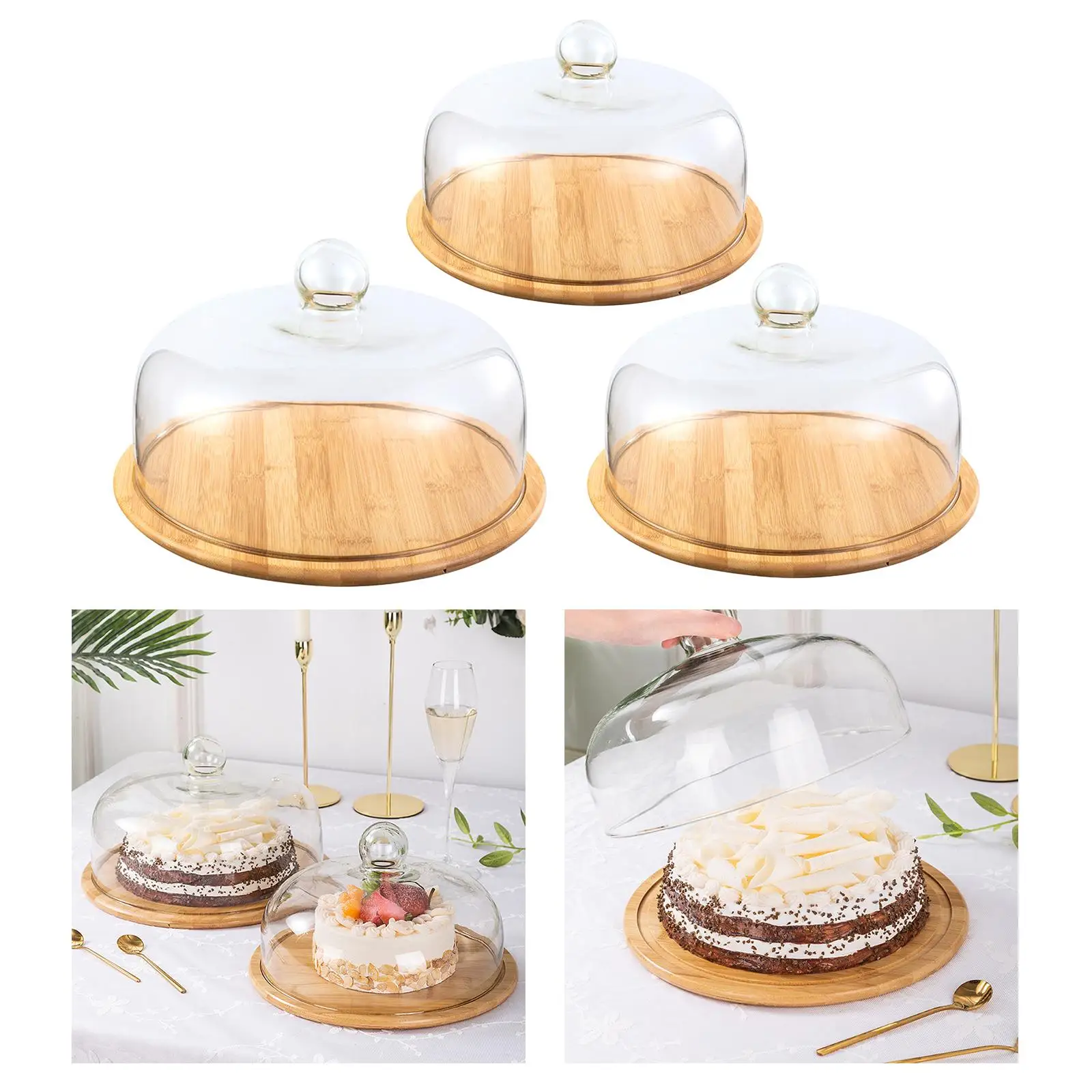 Glass-Cover-Serving-Tray-Wooden-Storage-Cake-Stand-Bread-Plate-Glass ...
