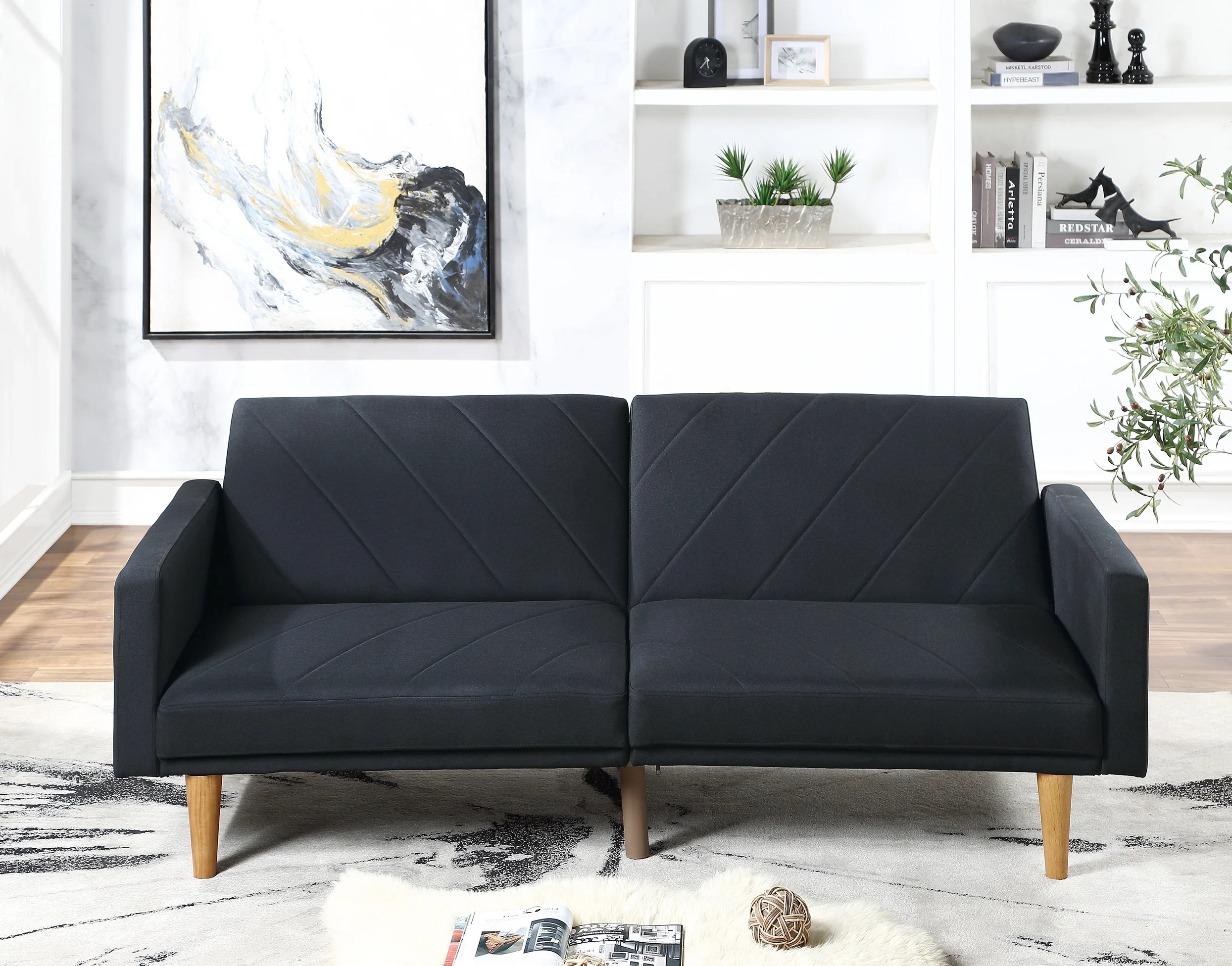 Modern-Electric-Look-1pc-Convertible-Sofa-Couch-Black-Linen-Like-Fabric ...