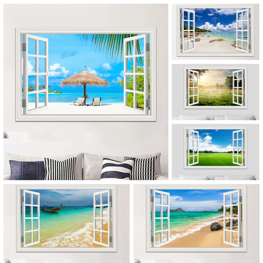 Green-and-blue-sky-beach-grassland-3D-window-view-poster-wall-art-for ...