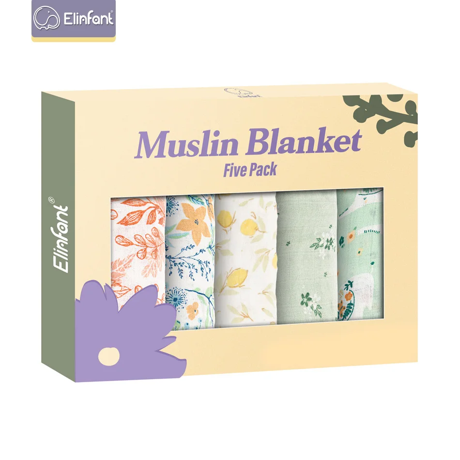 Elinfant 5pcs Gift Set Bamboo Cotton Muslin Bib Burp Cloth 100% Cotton 60*60cm 2 Layers Baby ...