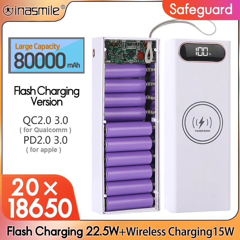 20*18650 Detachable Power Bank Case 22.5W PD QC3.0 Quick Wireless ...