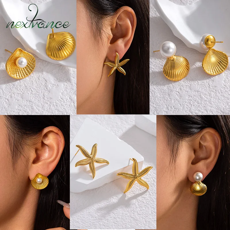 Nextvance-Gold-Color-Shell-Pearl-Starfish-Sea-Stud-Earrings-Stainless ...