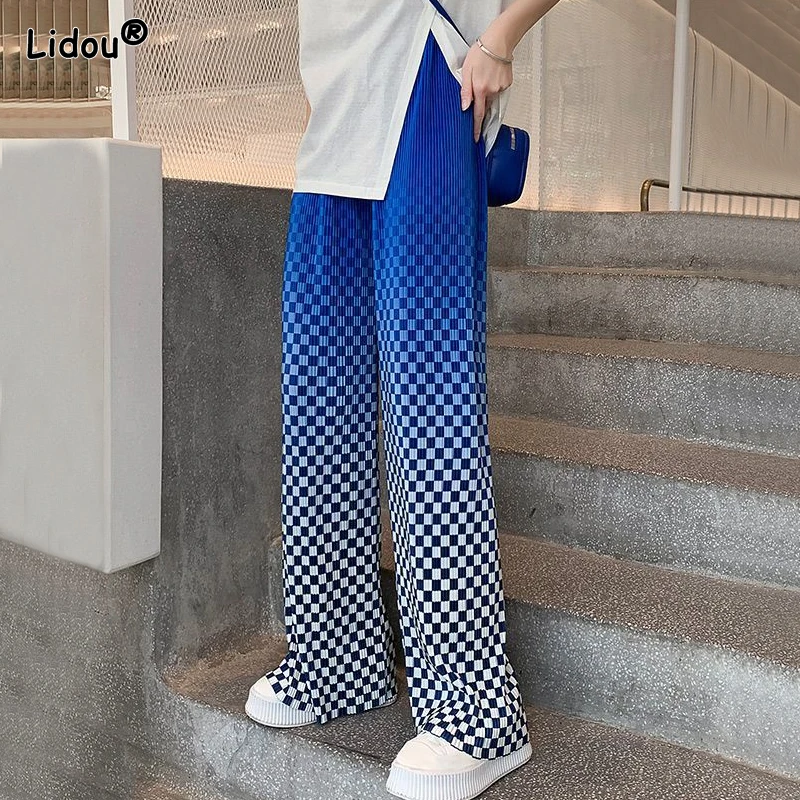 Women's Fashion Gradient Plaid Print Loose Straight Wide Leg Pants ...