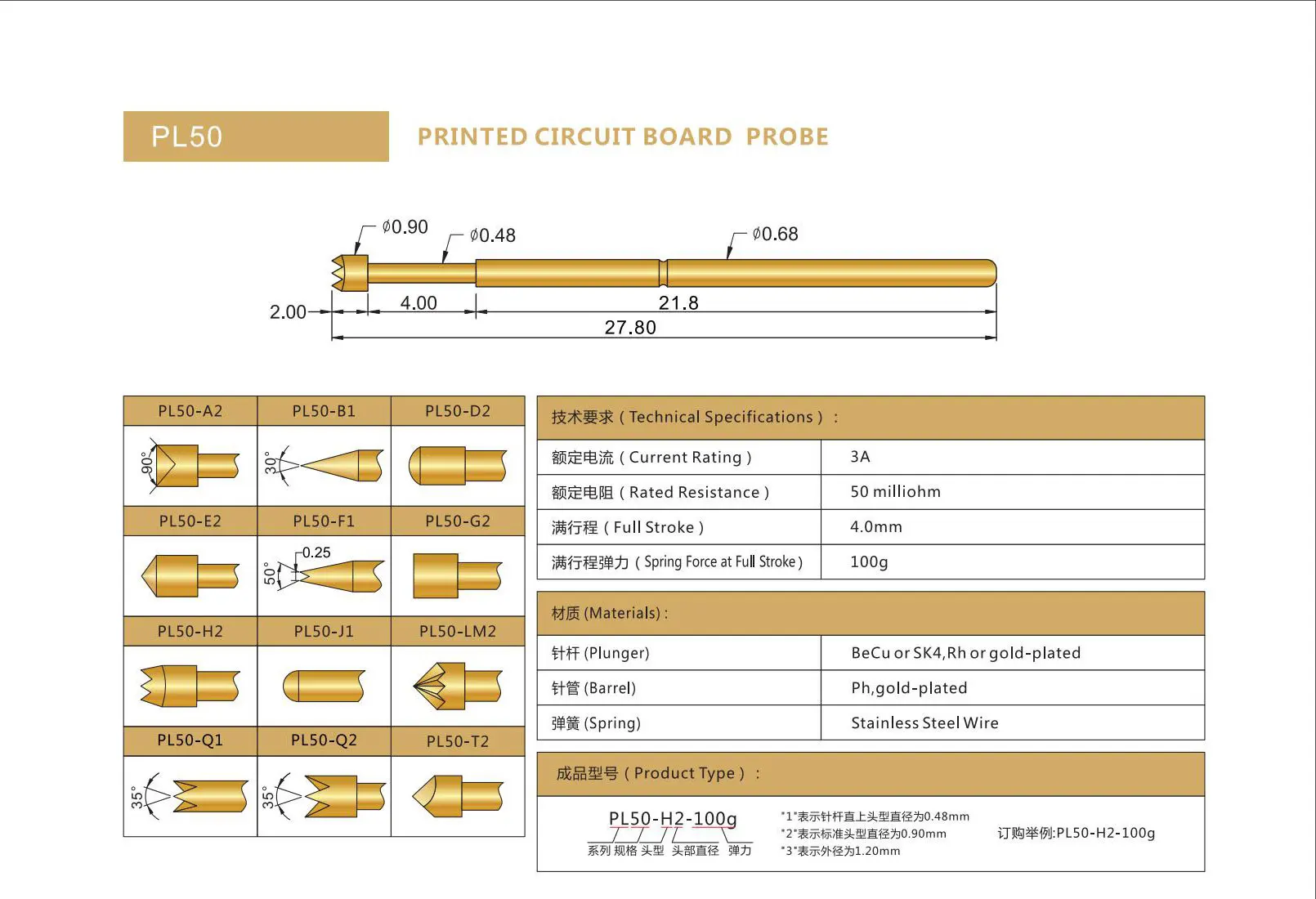 100PCS-Spring-Test-Probe-PAL50-Series-Pogo-Pin-Dia-0-68mm-for-Contact ...