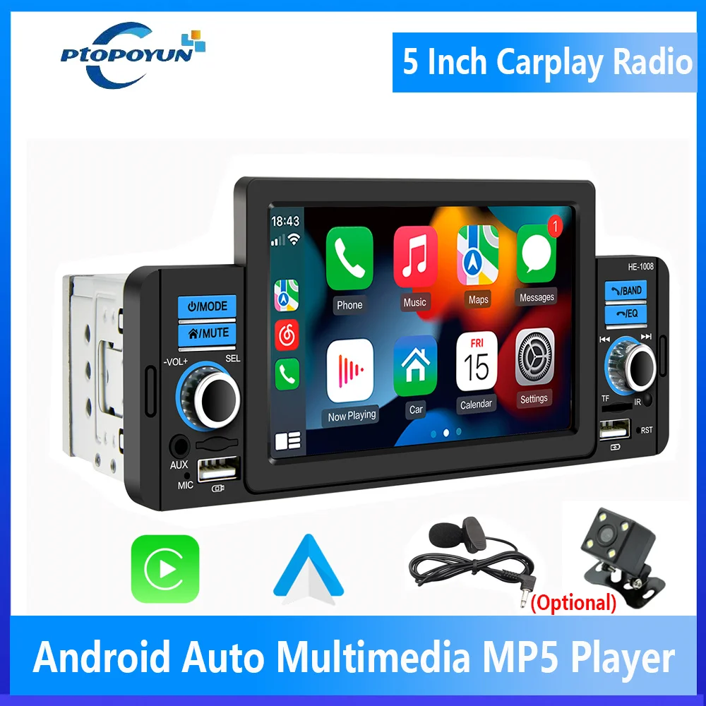 Ptopoyun-5-Inch-Car-Radio-1-Din-CarPlay-Android-Auto-Multimedia-Player ...