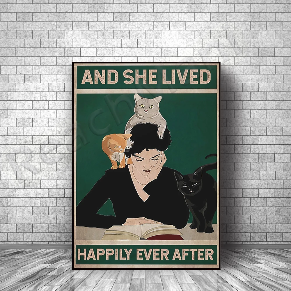 Reading-book-poster-cat-and-girl-love-cat-poster-vintage-book-cover ...