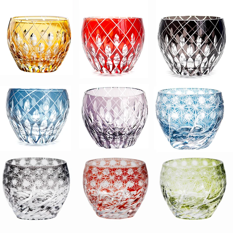 2 Pieces Small Hand Cut Colored Glasses Shochu Sake Shot Glass Tumbler ...