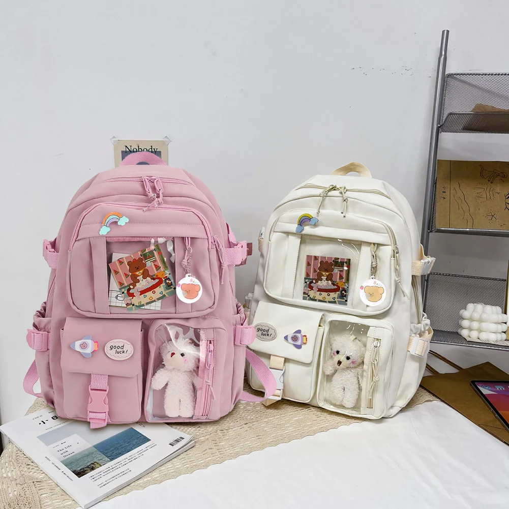 Girls-High-School-Student-Backpack-Cute-Aesthetic-Backpack-with-Pin-and ...