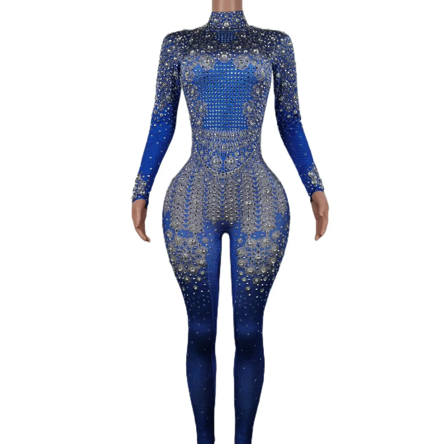 Sparkling-Blue-Women-Long-Sleeve-Stretch-Skinny-Crystal-Bodysuit-Dancer ...