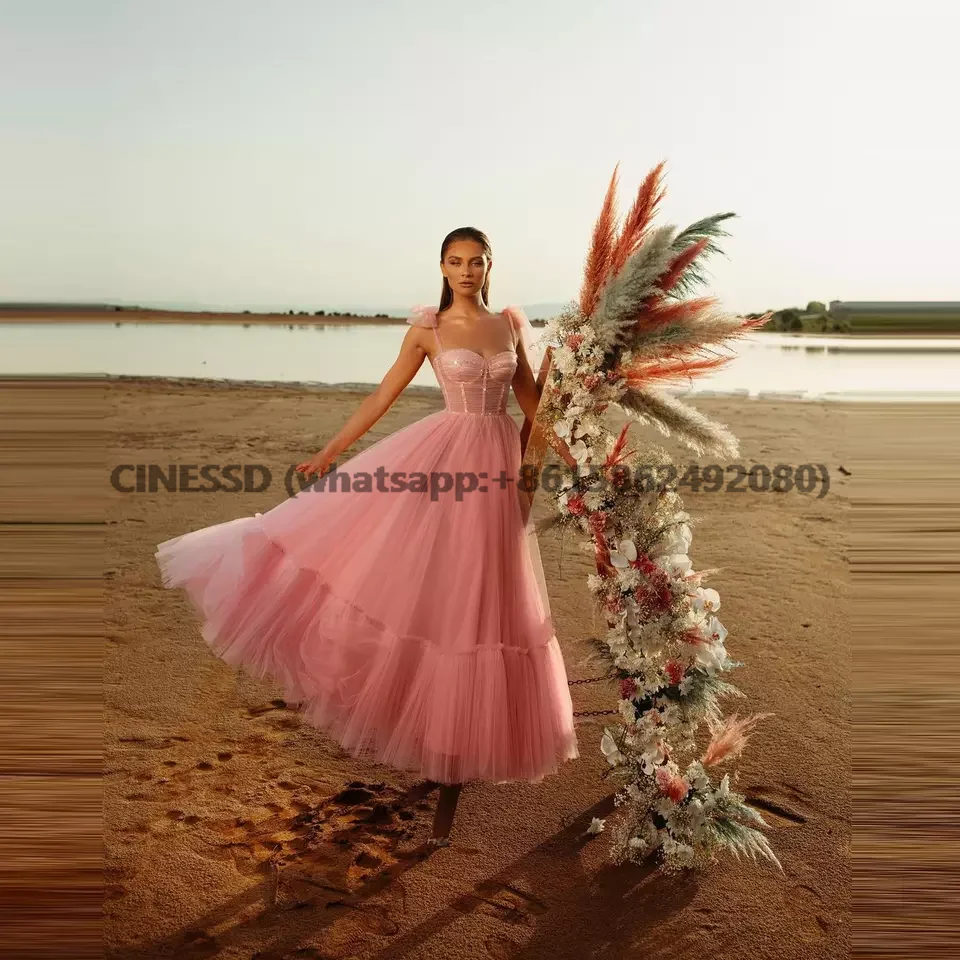 Pink-Tiered-Tulle-Short-Prom-Dresses-Straps-Sequined-Tea-Length-Formal ...
